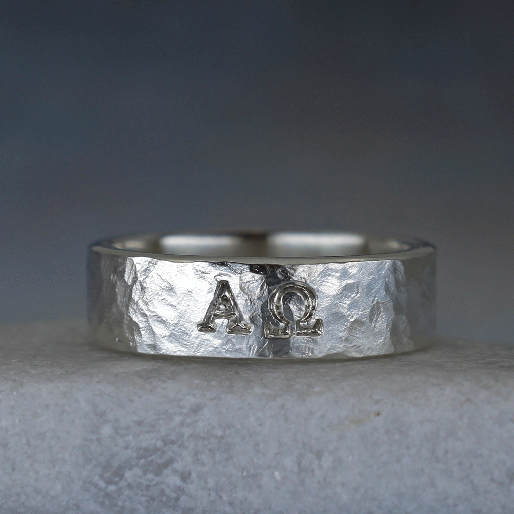Alpha Omega Ring – Rustic Sterling Silver Ring with Greek Symbols