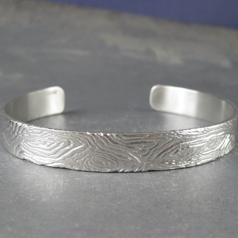 Unique carved sterling silver cuff bracelet with a wood pattern – Two ...